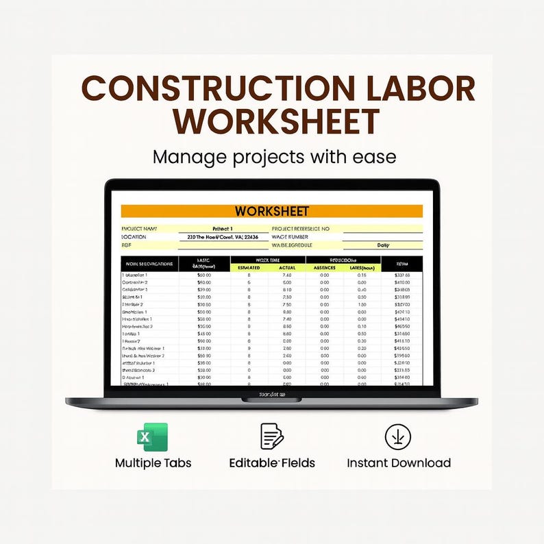 Construction Labor Worksheet Template Excel Google Sheets Contractor ...