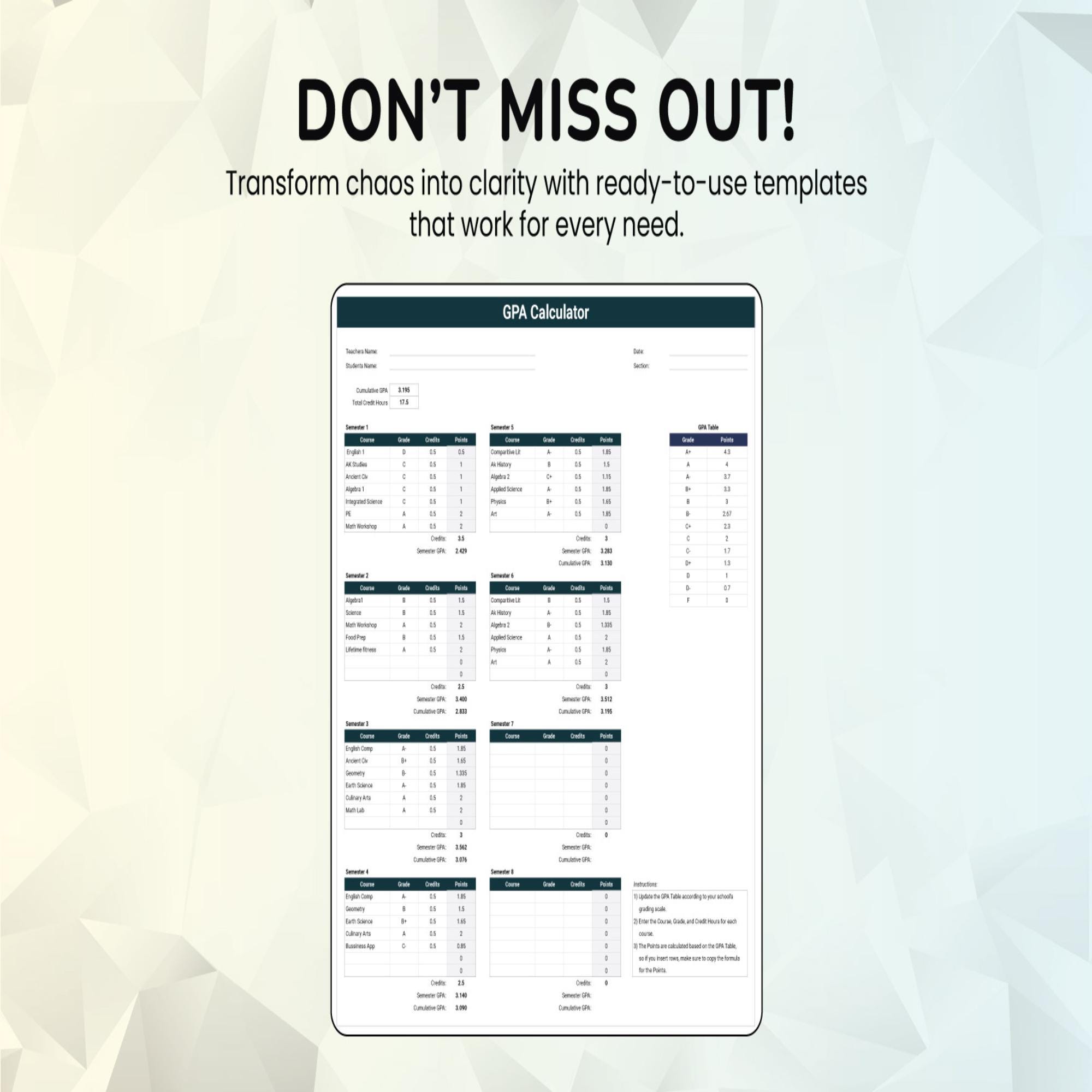 GPA Calculator Template – Excel & Google Sheets Grade Point Average ...