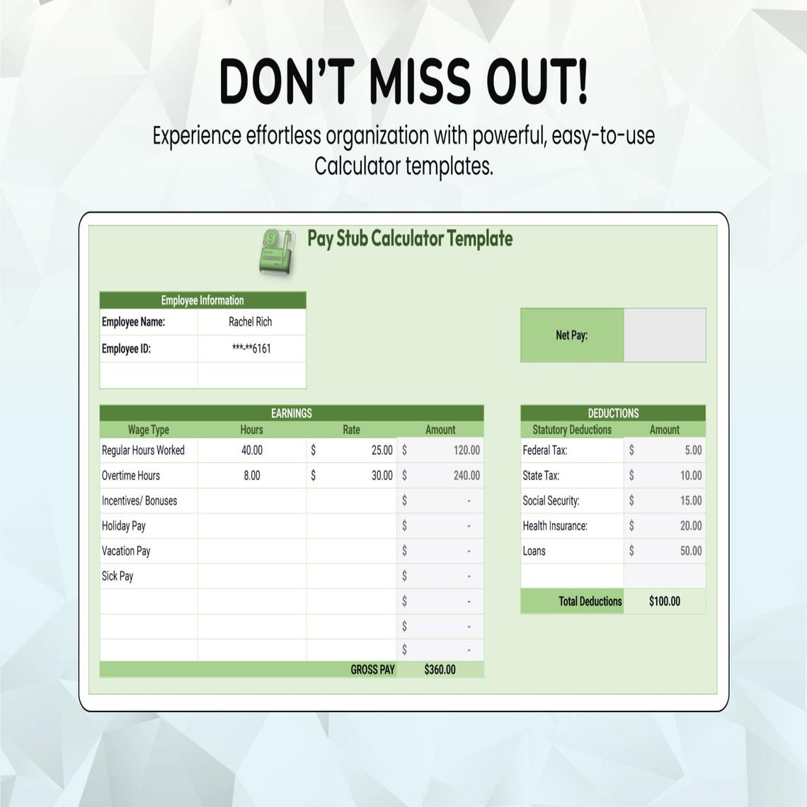 Paystub Calculator Template – Excel & Google Sheets Payroll Pay Stub ...