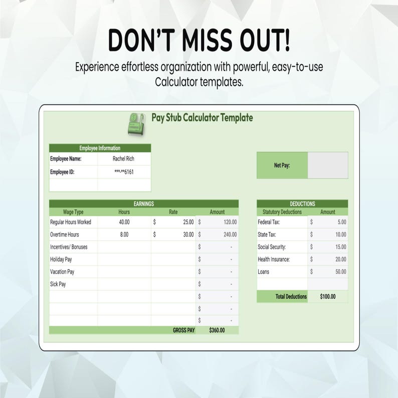 Paystub Calculator Template – Excel & Google Sheets Payroll Pay Stub ...