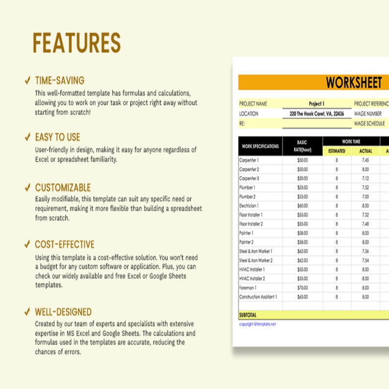 Construction Labor Worksheet Template Excel Google Sheets Contractor ...