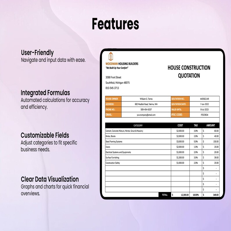 House Construction Quotation Template Excel | Construction Cost ...