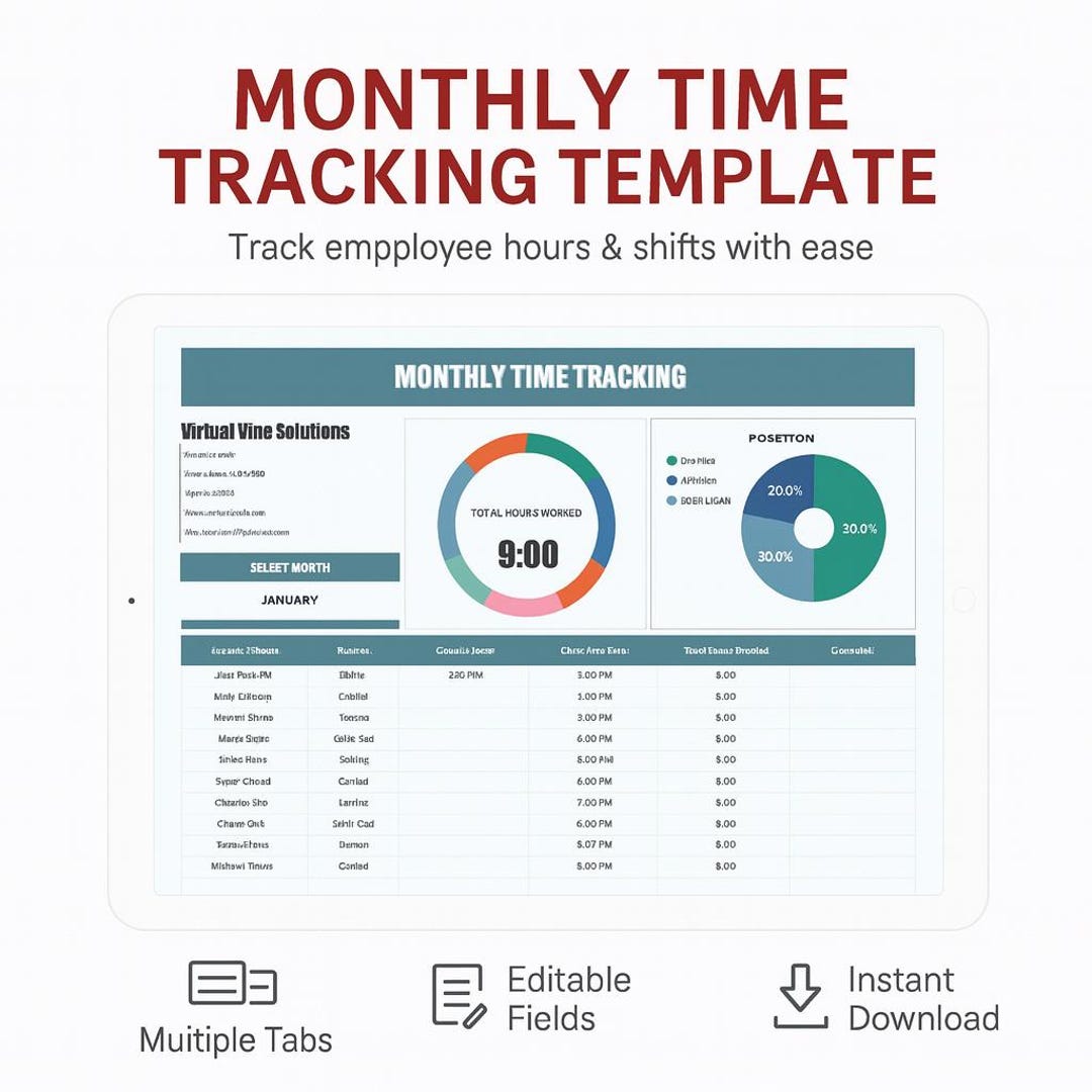 Monthly Time Tracking Template Excel & Google Sheets | Timesheet, Work ...