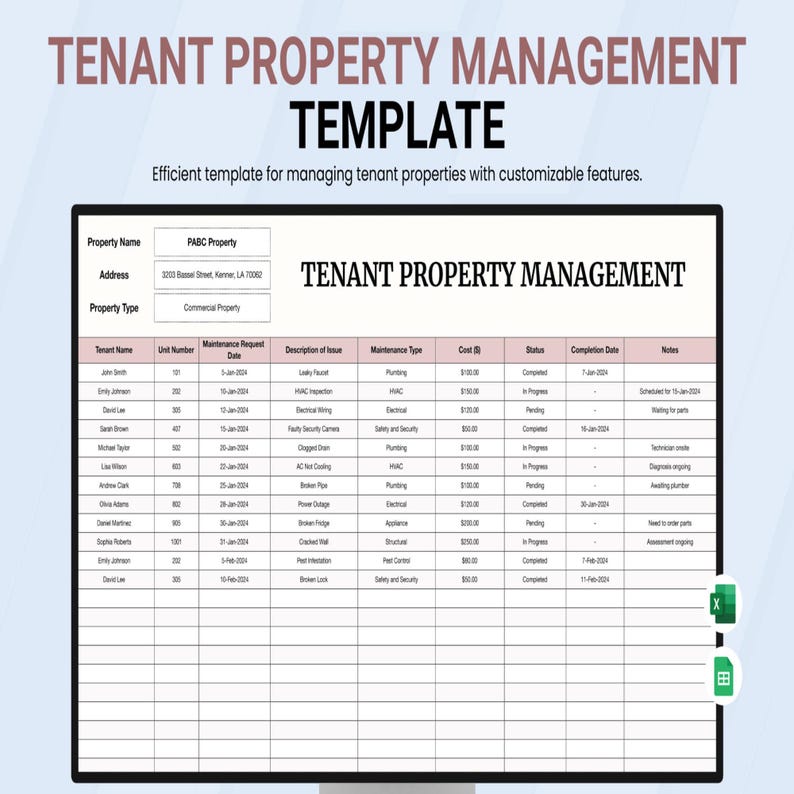 Tenant Property Management Template Excel & Google Sheets | Rent ...