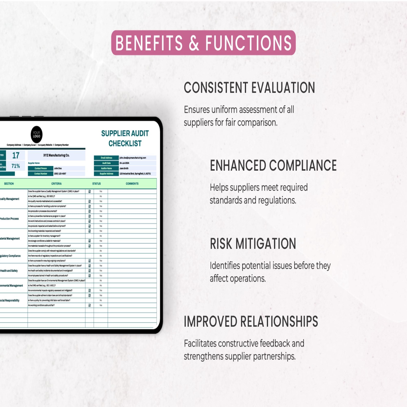 Operations Supplier Audit Checklist Template • Excel & Google Sheets ...
