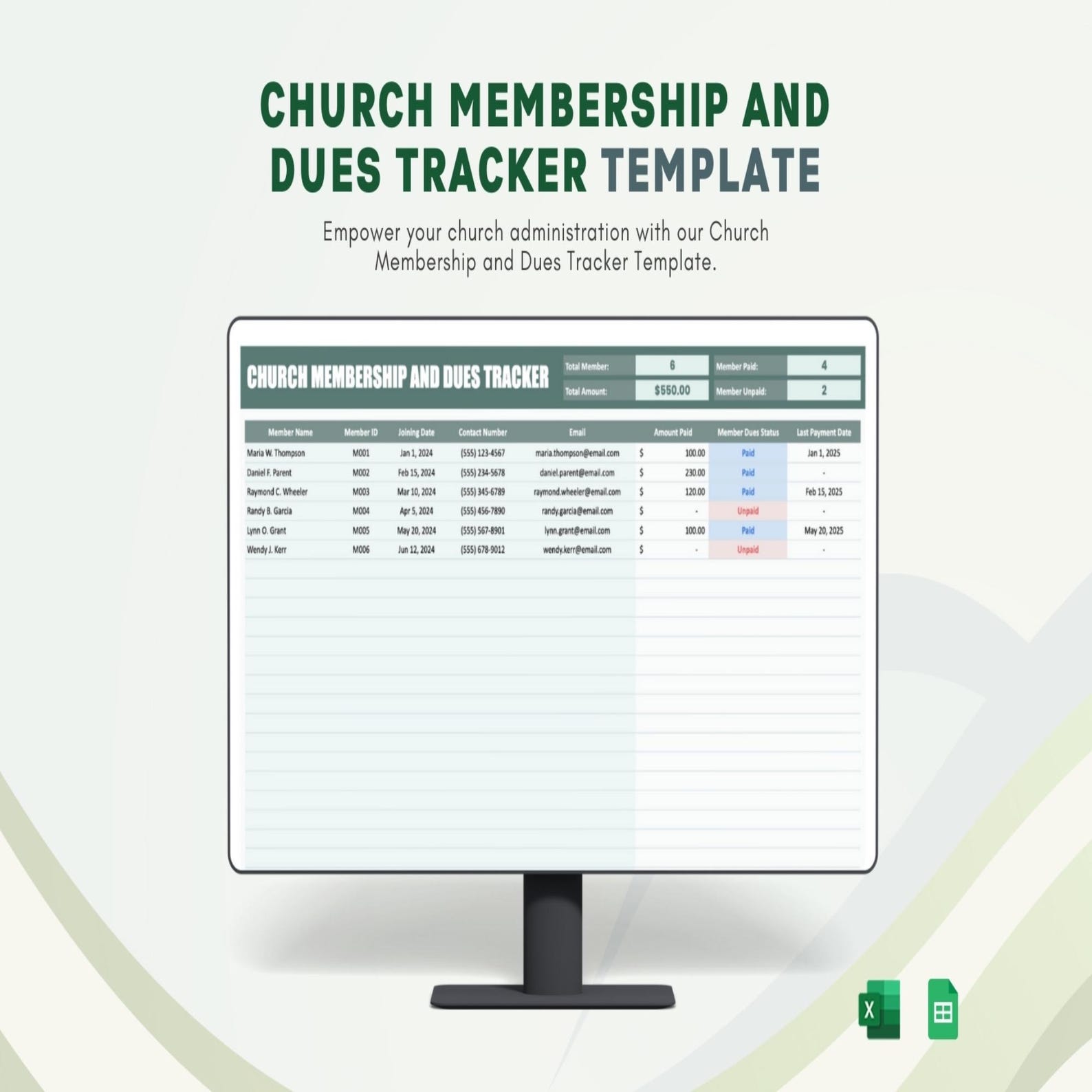 Church Membership & Dues Tracker Template | Donation Log, Tithe Record ...