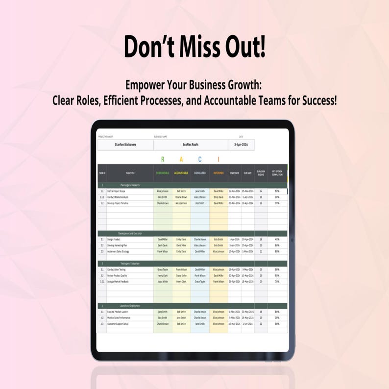 Business Development RACI Chart Template • Excel & Google Sheets • Role ...