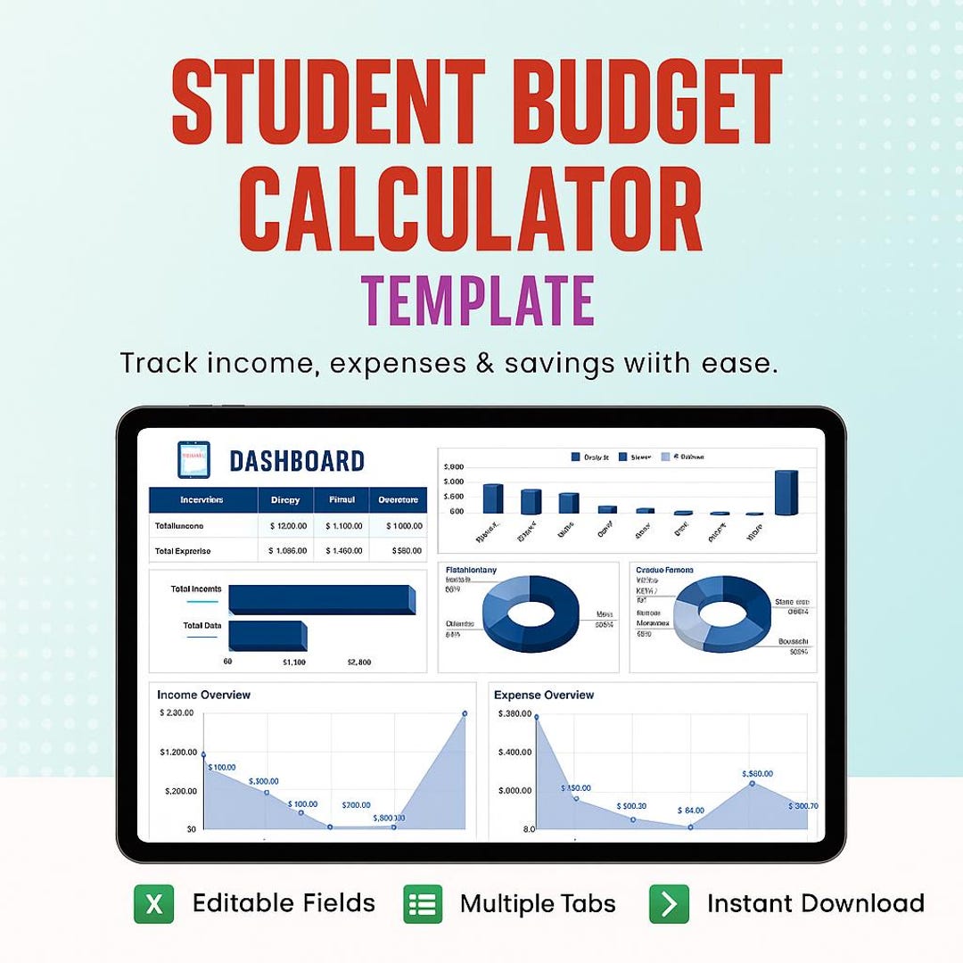 Student Budget Calculator | Excel & Google Sheets | College Expense and ...
