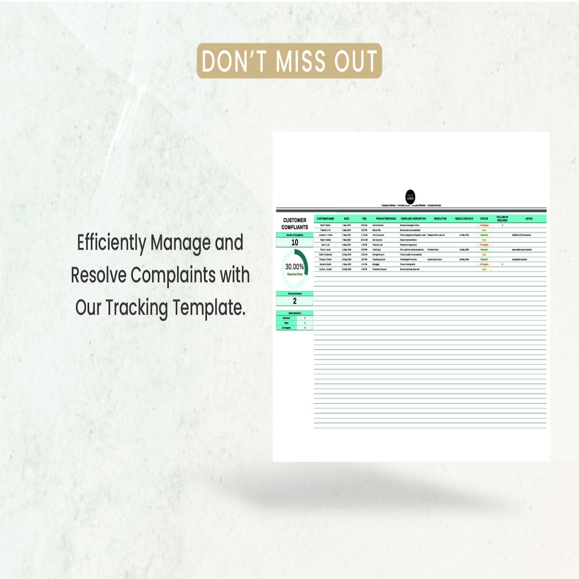 Operations Customer Complaint Tracking Template • Excel & Google Sheets ...