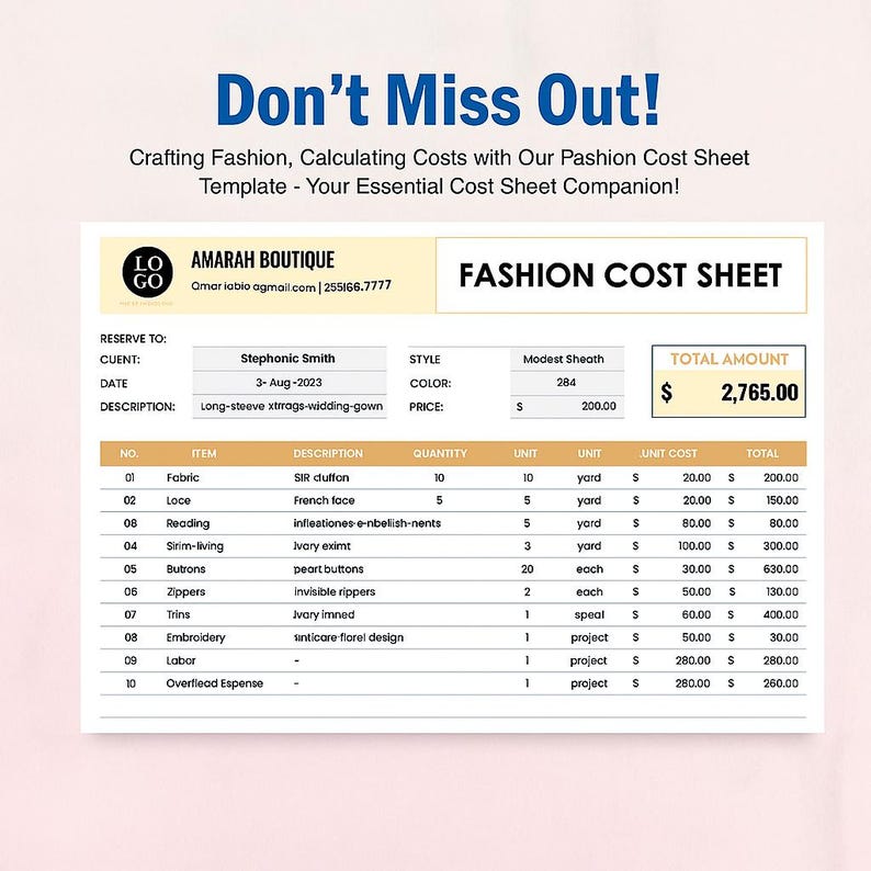 Fashion Cost Sheet Template Excel & Google Sheets | Garment Pricing ...