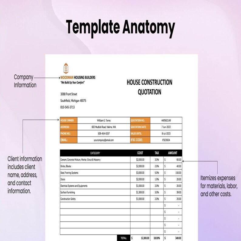 House Construction Quotation Template Excel | Construction Cost ...