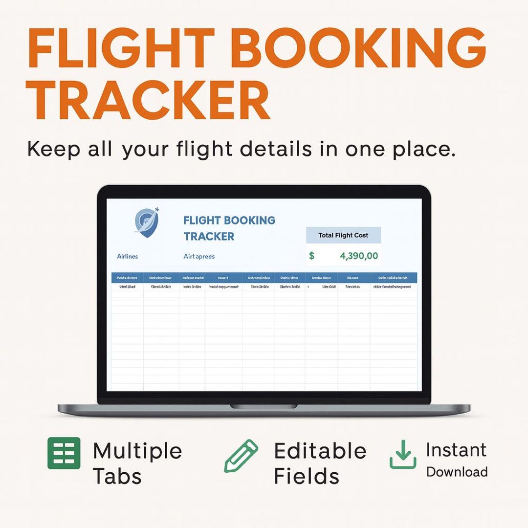 Flight Booking Tracker Template Excel & Google Sheets • Travel Log ...