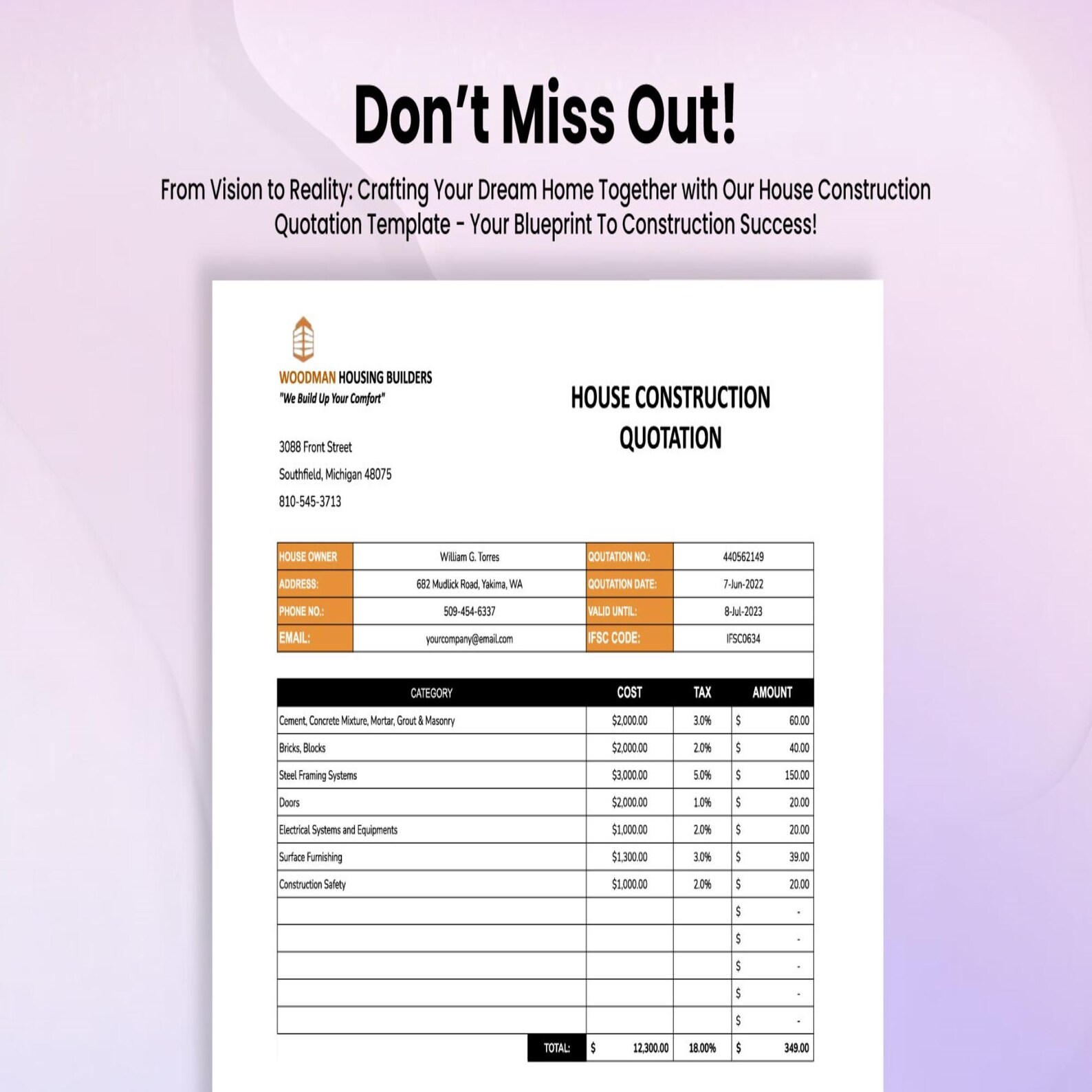 House Construction Quotation Template Excel | Construction Cost ...