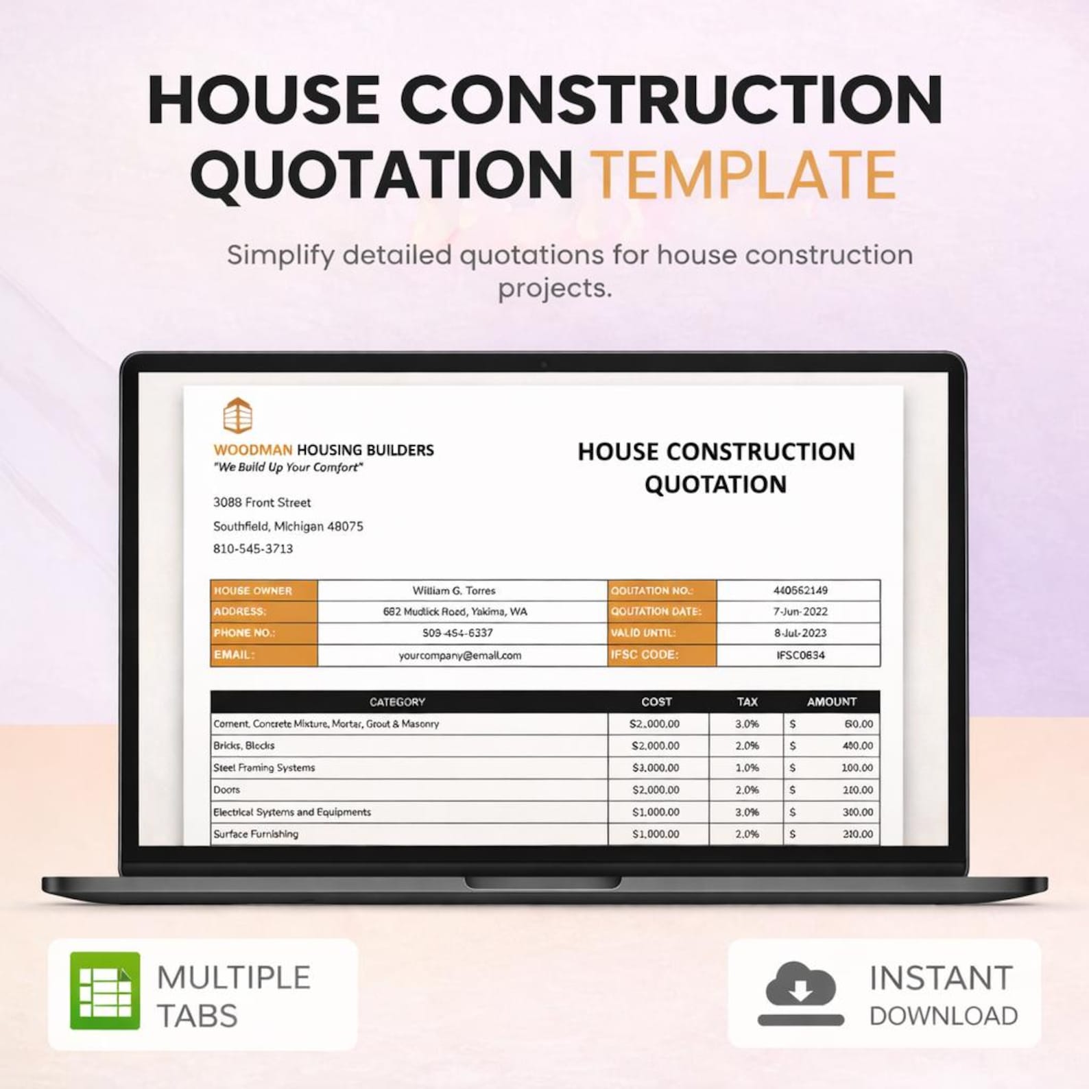 House Construction Quotation Template Excel | Construction Cost ...