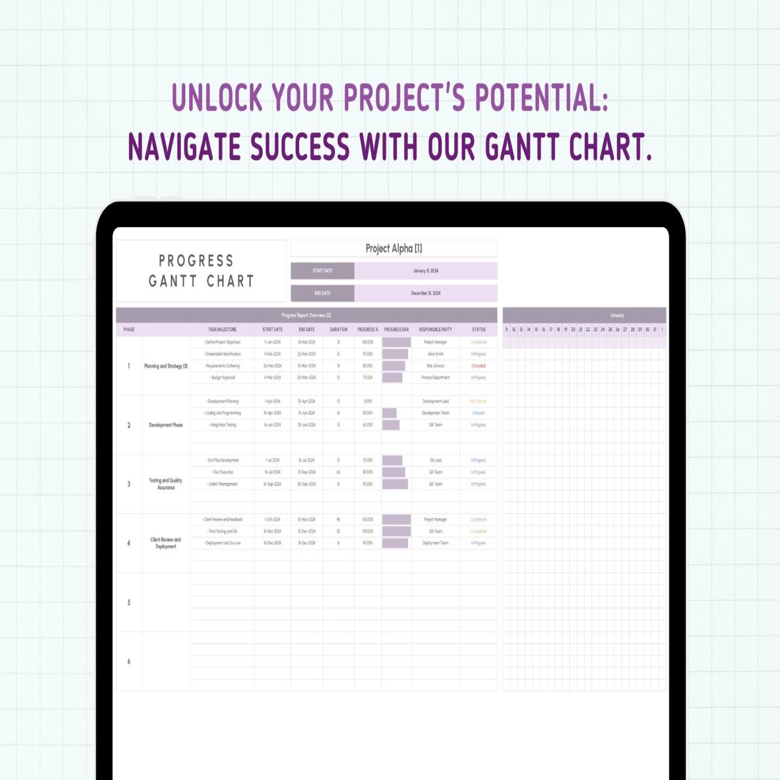 Progress Gantt Chart Template Excel & Google Sheets • Editable Project ...