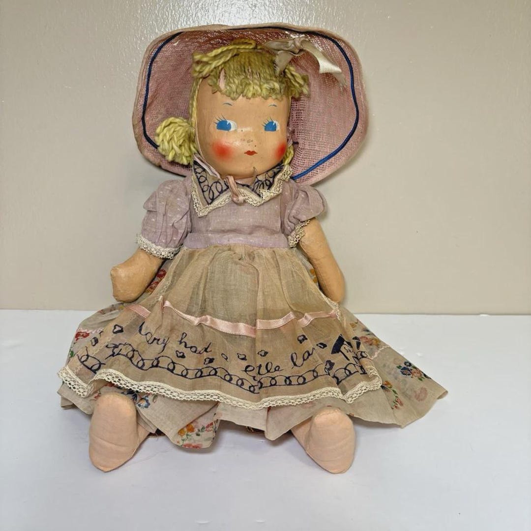 Antique Mary Had a Little Lamb Cloth Doll, Mask Face, Yarn Hair, 16" - Etsy