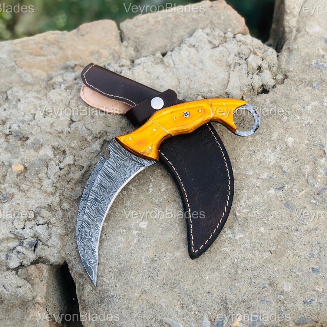 Custom Handmade Damascus Steel Karambit Hunting Knife With Leather ...