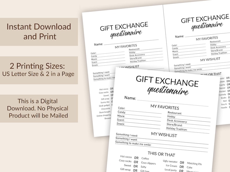 Gift Exchange Questionnaire Printable, Office Gift Exchange, Christmas ...