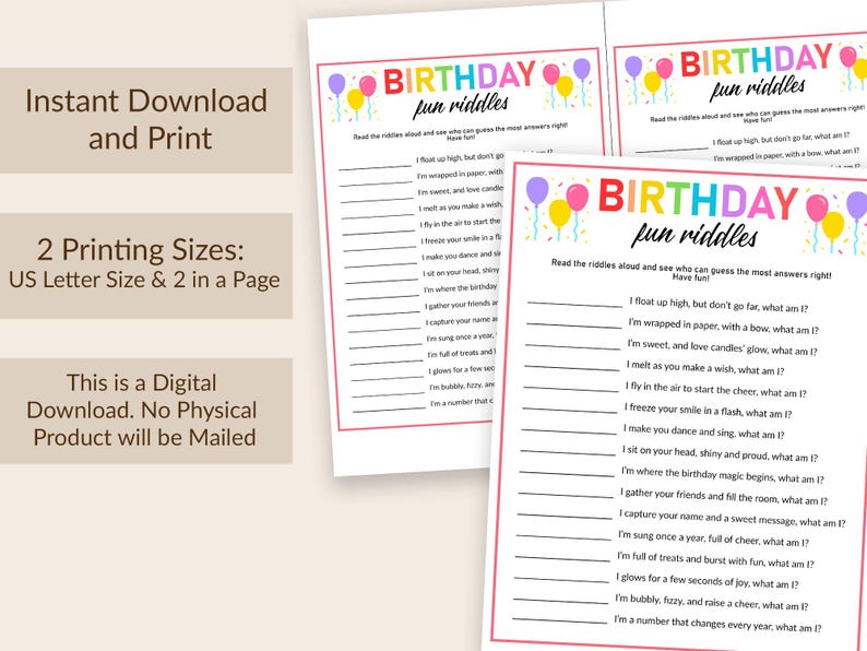 Birthday Riddles Game Printable, Birthday Game, Birthday Party, Party ...