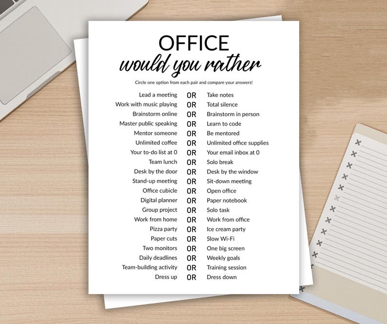 Office Would You Rather Game, Printable Icebreaker for Work, Team ...