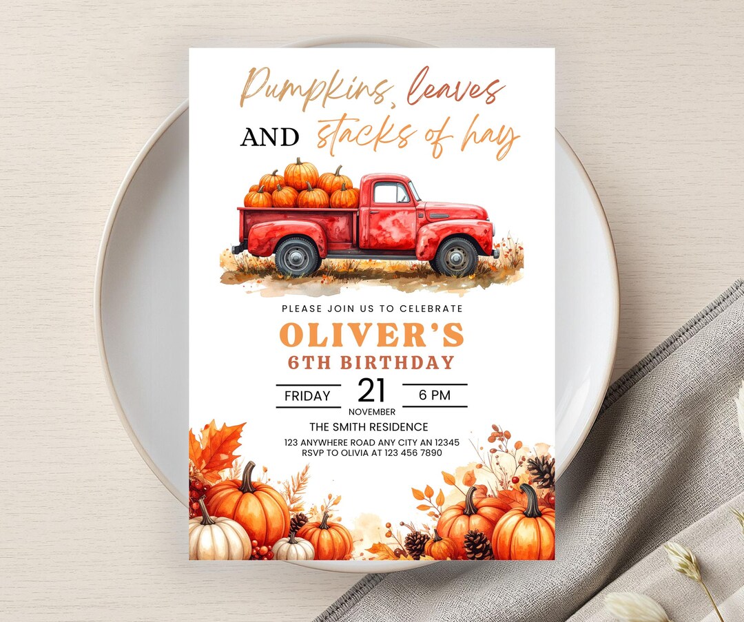 Pumpkin, Leaves and Stacks of Hay Birthday Invitation, Thanksgiving ...