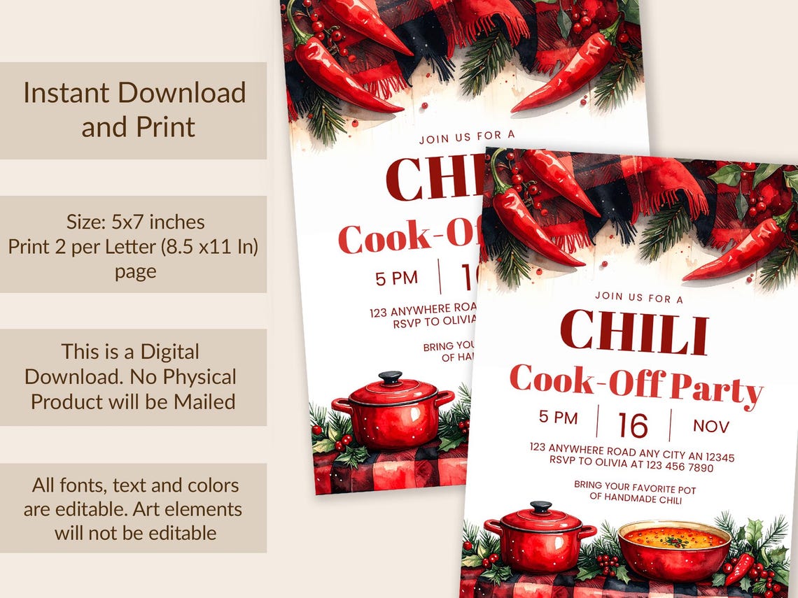Chili Cook off Party Invitation Template, Thanksgiving Dinner ...