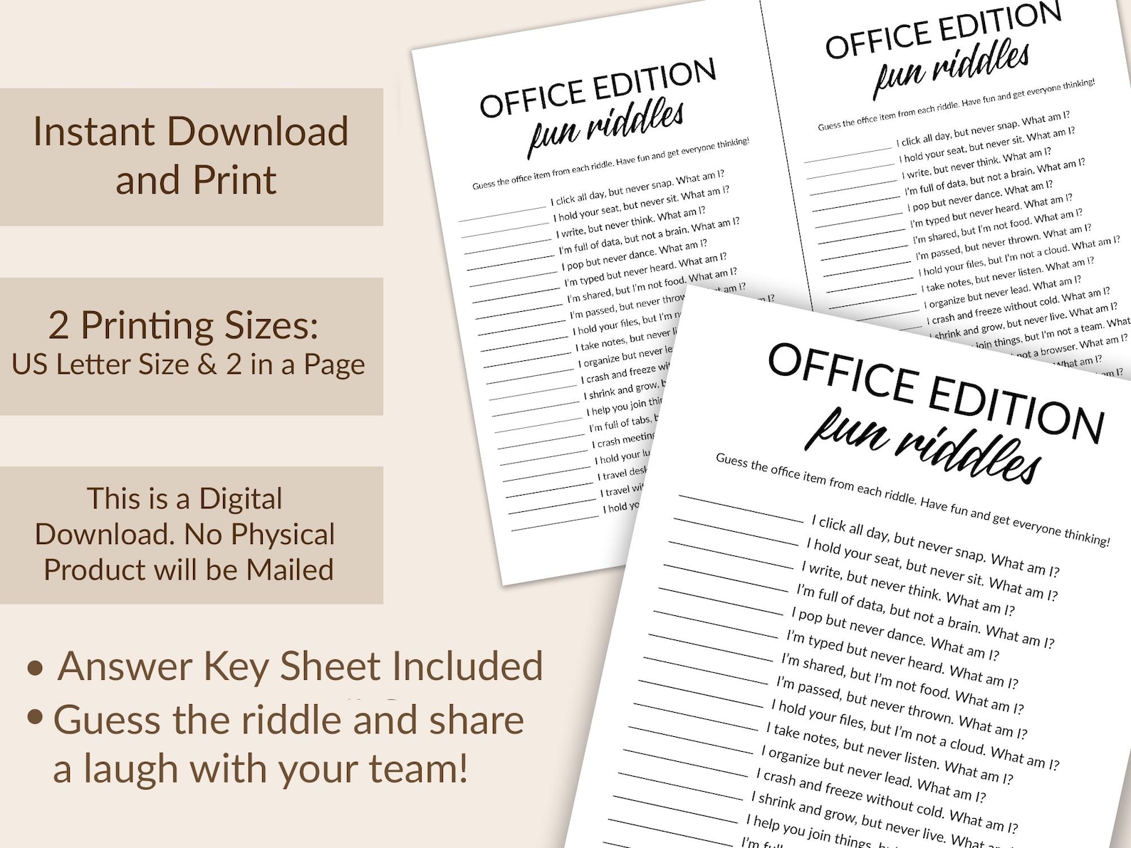 Office Riddles Printable, Fun Office Team Building Game Activity ...