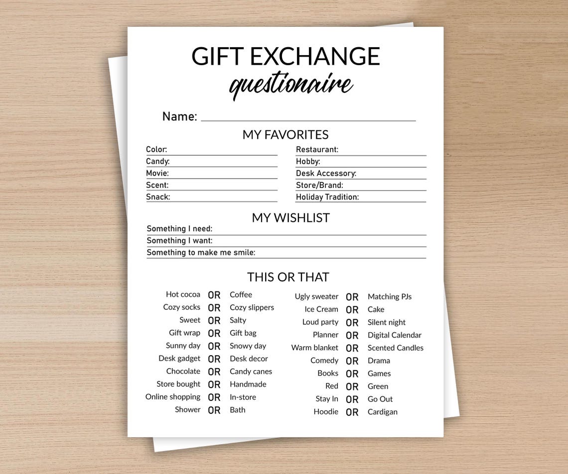 Gift Exchange Questionnaire Printable, Office Gift Exchange, Christmas ...