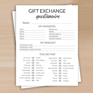 Gift Exchange Questionnaire Printable, Office Gift Exchange, Christmas ...