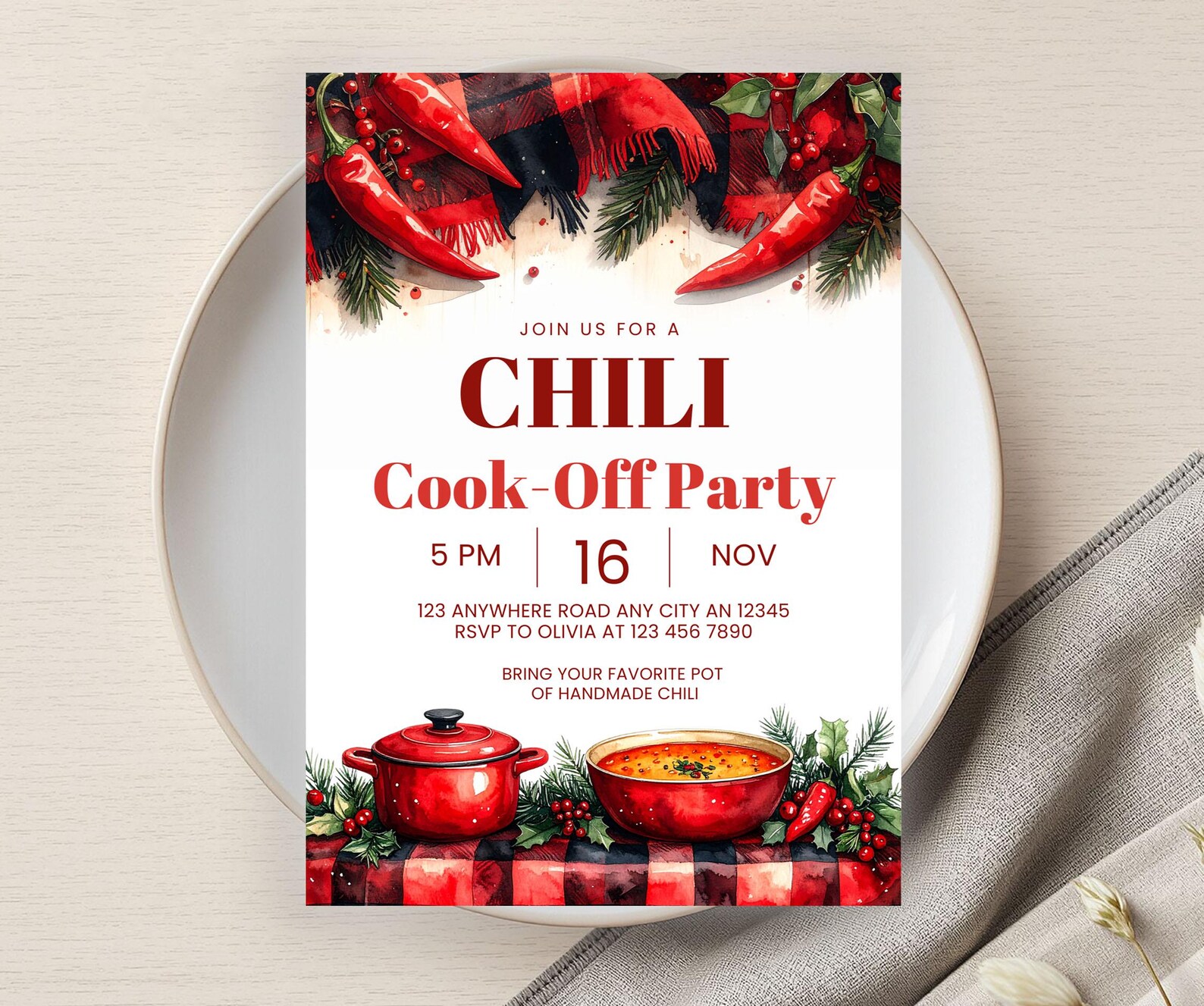 Chili Cook off Party Invitation Template, Thanksgiving Dinner ...