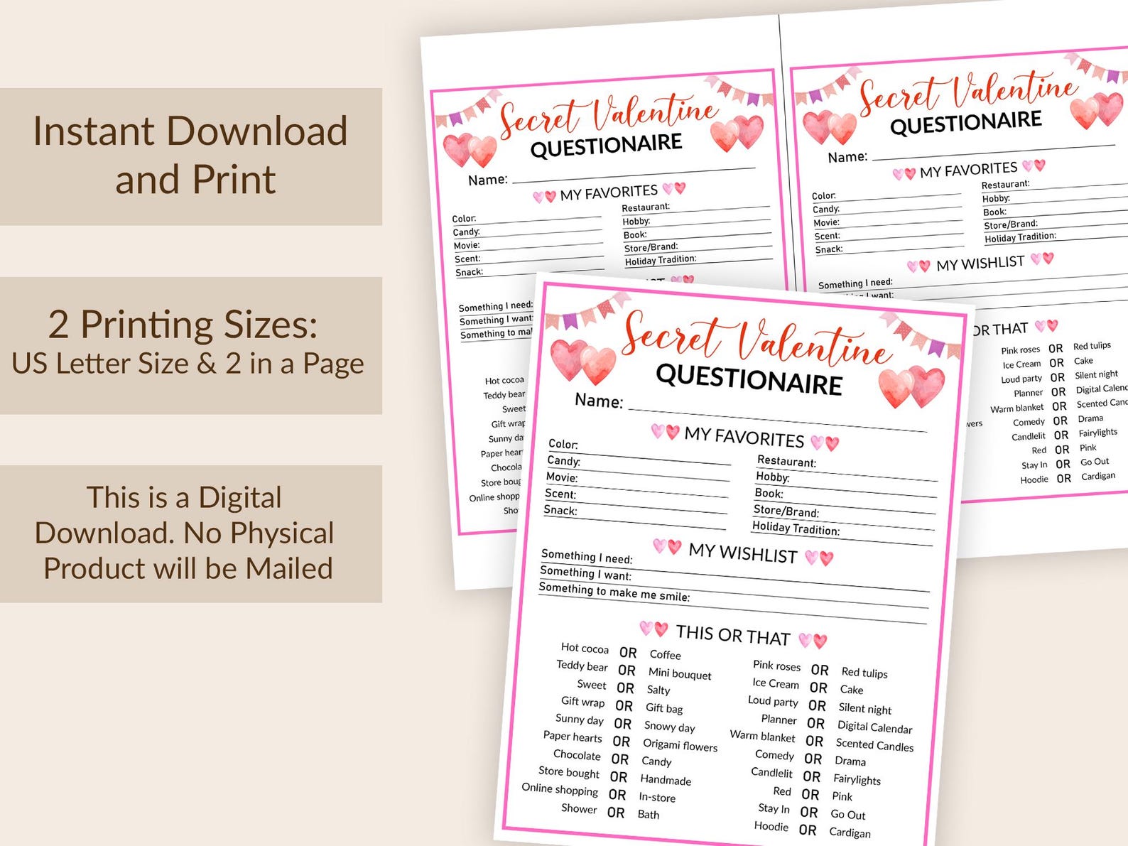Secret Valentine Questionnaire Printable, Valentine's Day Game ...