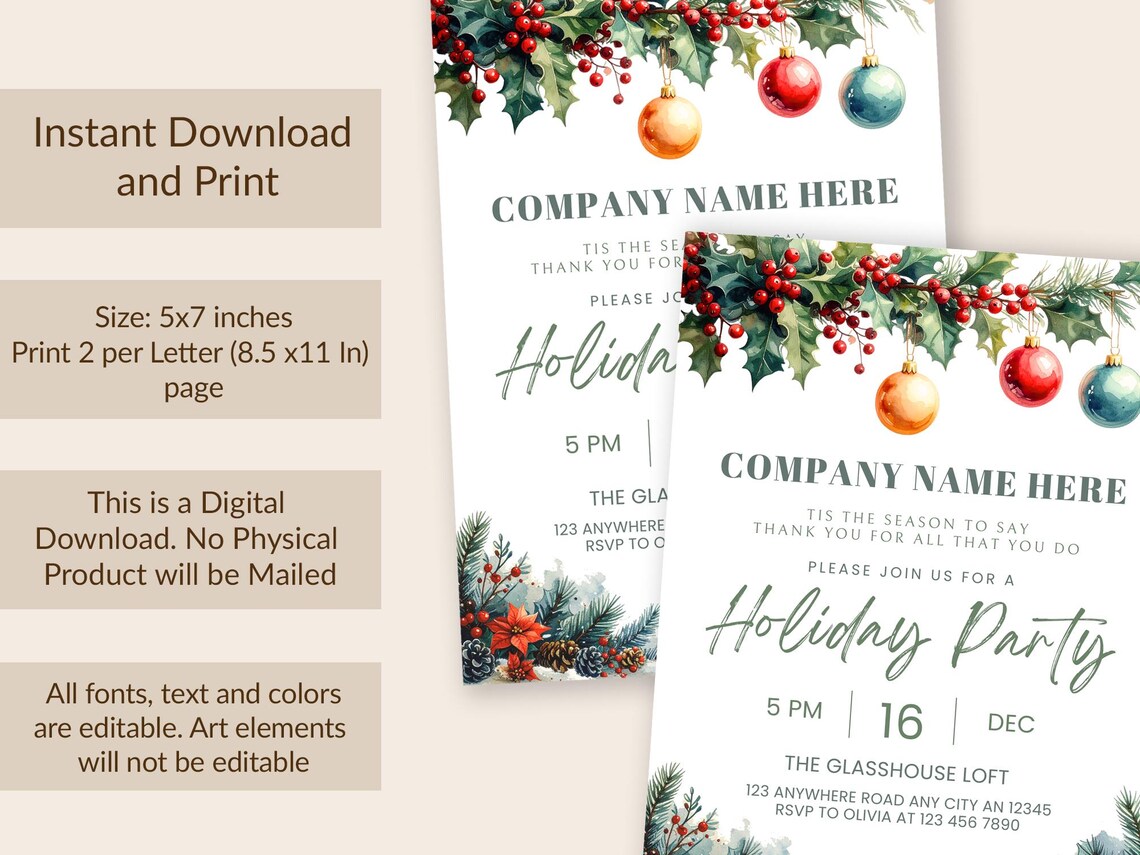 Work Holiday Party Invitation, Company Christmas Party, Editable Client ...