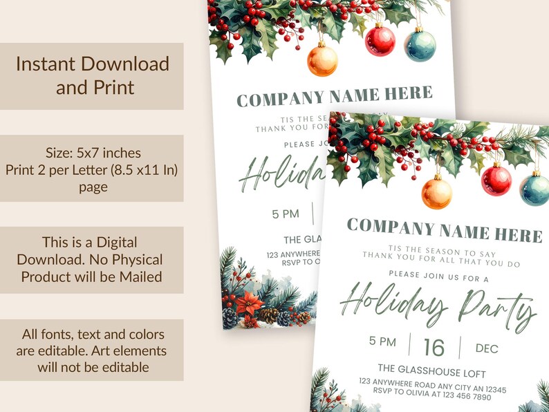 Work Holiday Party Invitation, Company Christmas Party, Editable Client ...