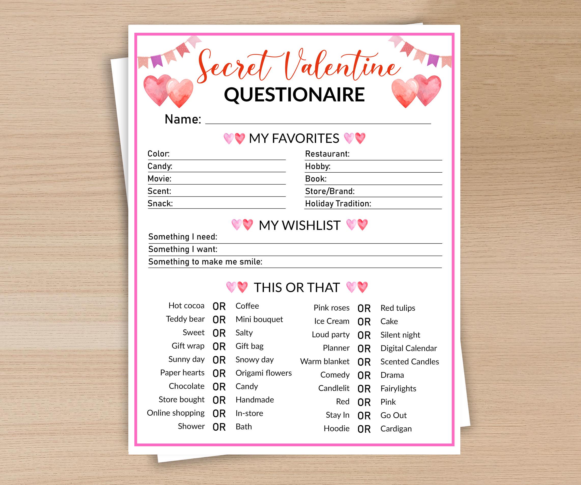 Secret Valentine Questionnaire Printable, Valentine's Day Game ...
