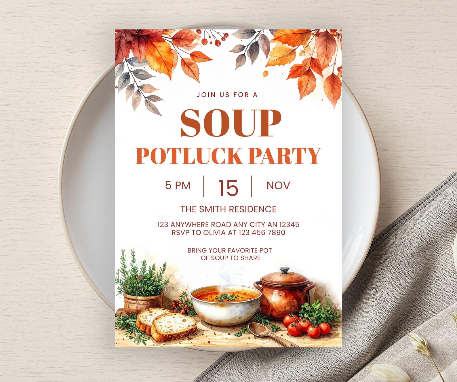 Soup Potluck Party Invitation Template, Fall Soup Party, Dinner Invite ...