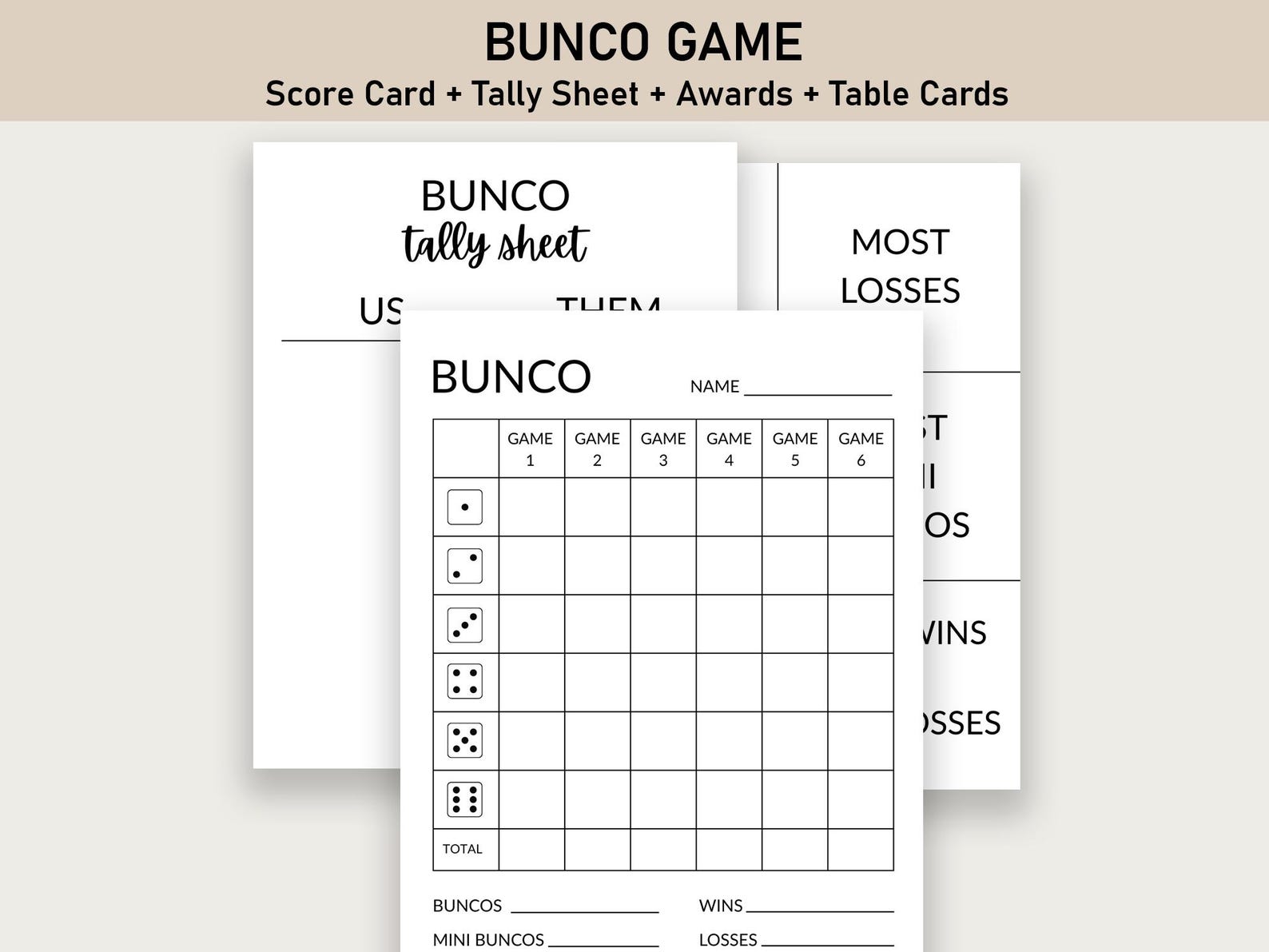Minimalist Bunco Game Printable, Bunco Party Game Score Card, Tally ...