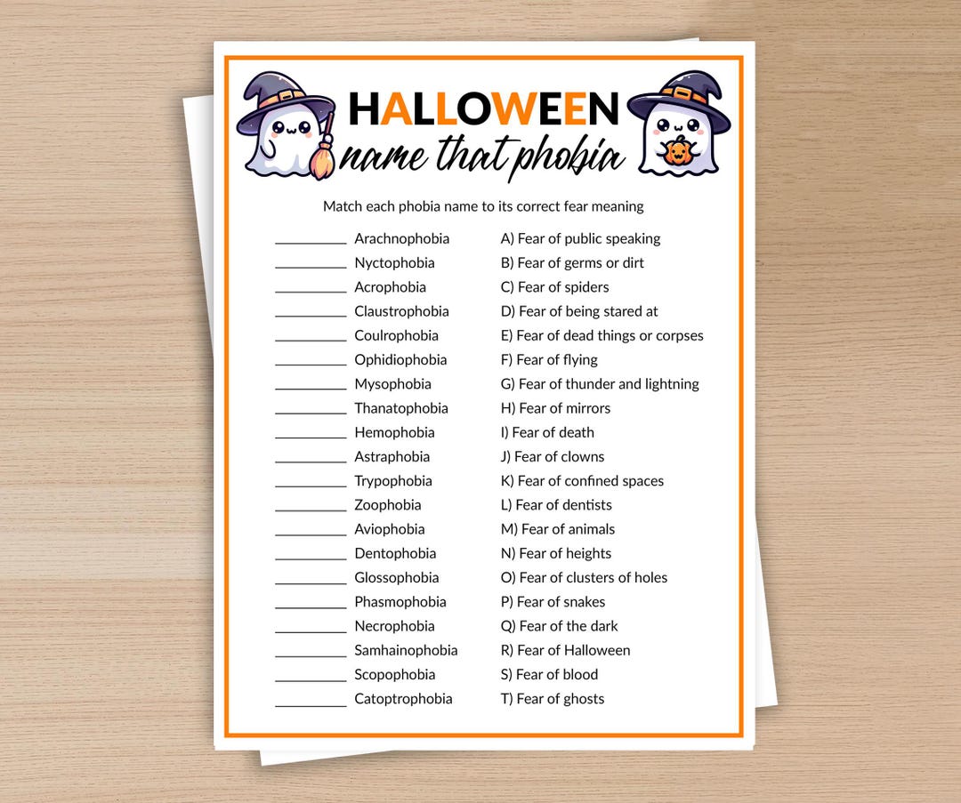Halloween Phobia Matching Game Printable, Name That Phobia, Spooky Fear ...