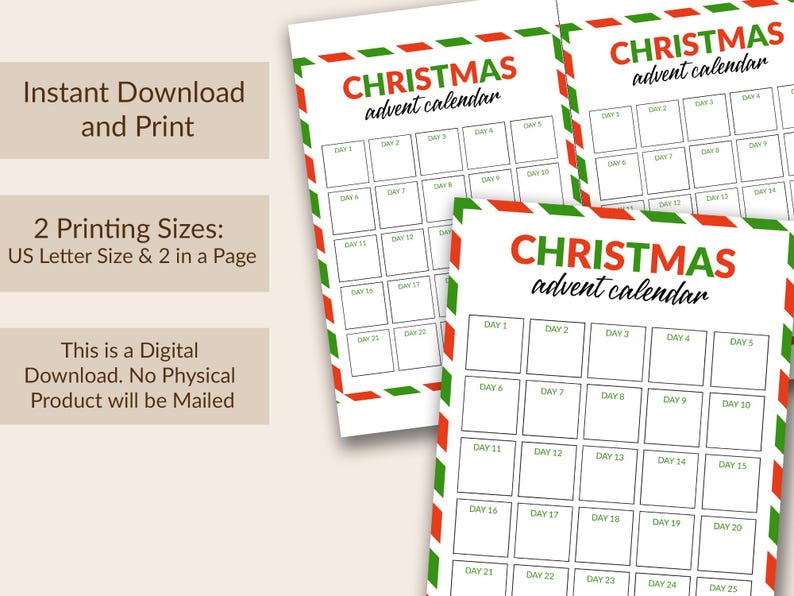Christmas Advent Calendar Printable, Blank Advent Calendar, Family ...