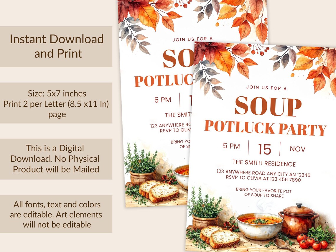 Soup Potluck Party Invitation Template, Fall Soup Party, Dinner Invite ...