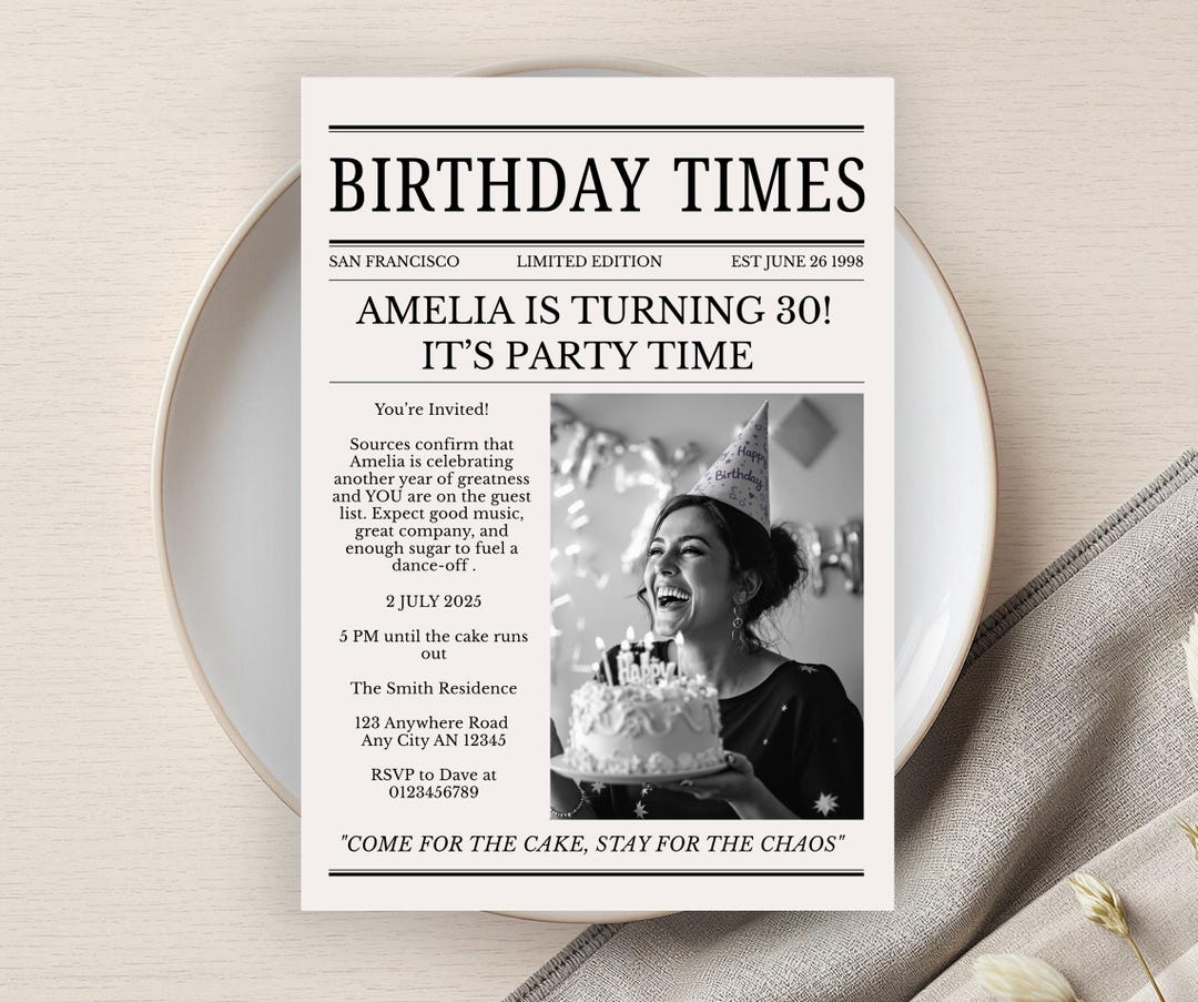 Newspaper Birthday Invitation, Vintage Newspaper Party Invite, Editable ...