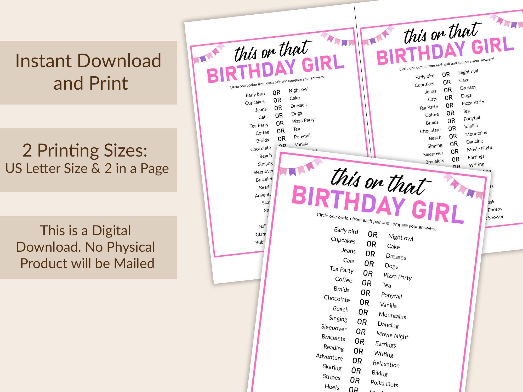 Birthday Girl This or That Game Printable, Birthday Game, Girls ...