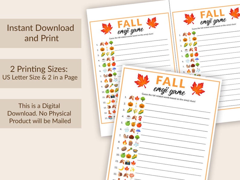 Fall Emoji Game Printable, Autumn Fall Party Game, Thanksgiving ...