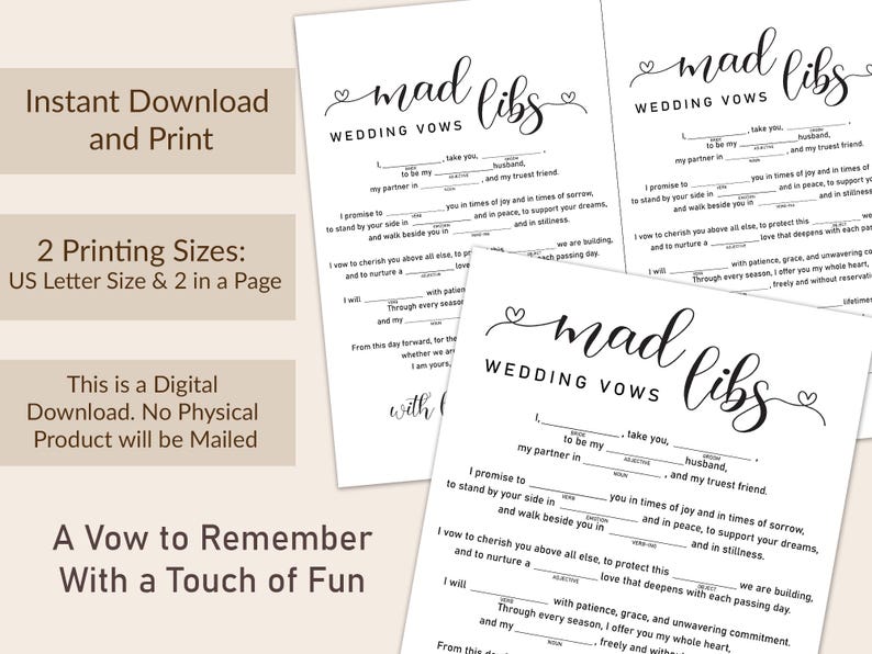 Mad Libs Wedding Vows Printable, Bridal Shower, Wedding Shower Game ...