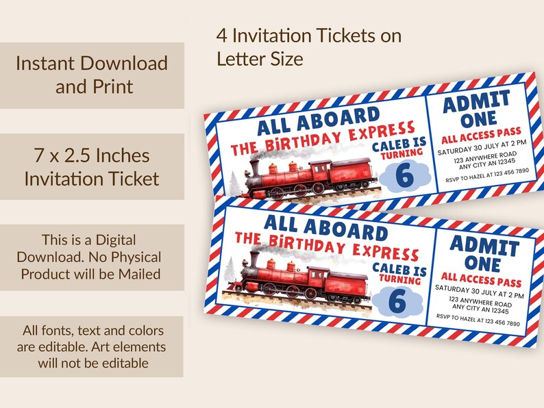 Editable Train Birthday Ticket Template, Printable DIY Party Ticket ...