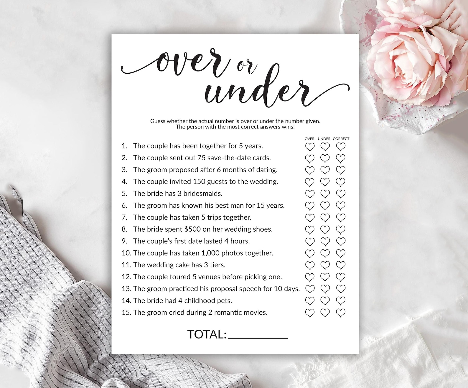 Over or Under Bridal Shower Game Printable, Fun Wedding Game ...