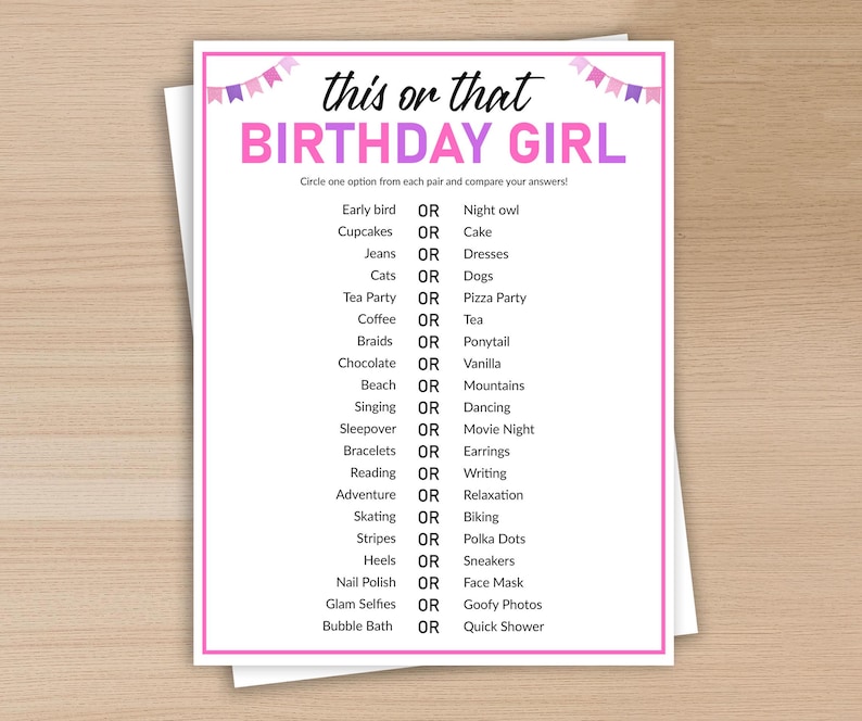 Birthday Girl This or That Game Printable, Birthday Game, Girls ...