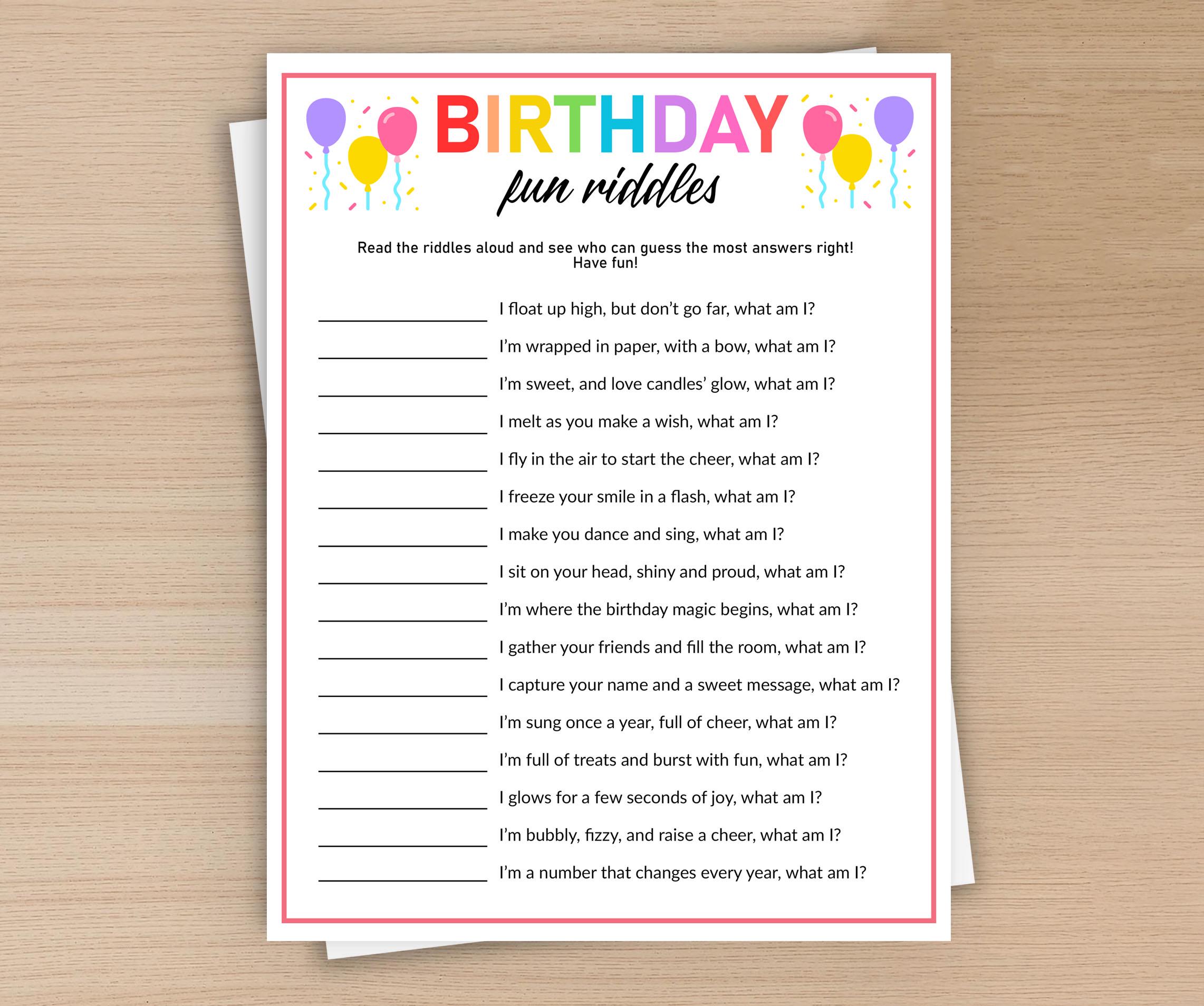Birthday Riddles Game Printable, Birthday Game, Birthday Party, Party ...