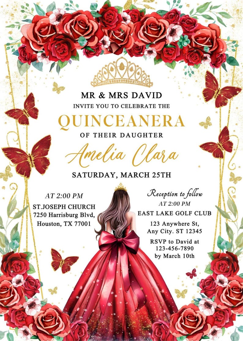 Quinceañera Invitation Template – Elegant Red Rose & Gold Glitter ...