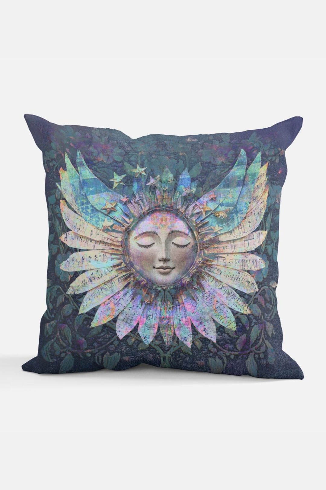 Celestial Sun Face Pillow Mixed Media Cosmic Winged Star Throw Pillow ...
