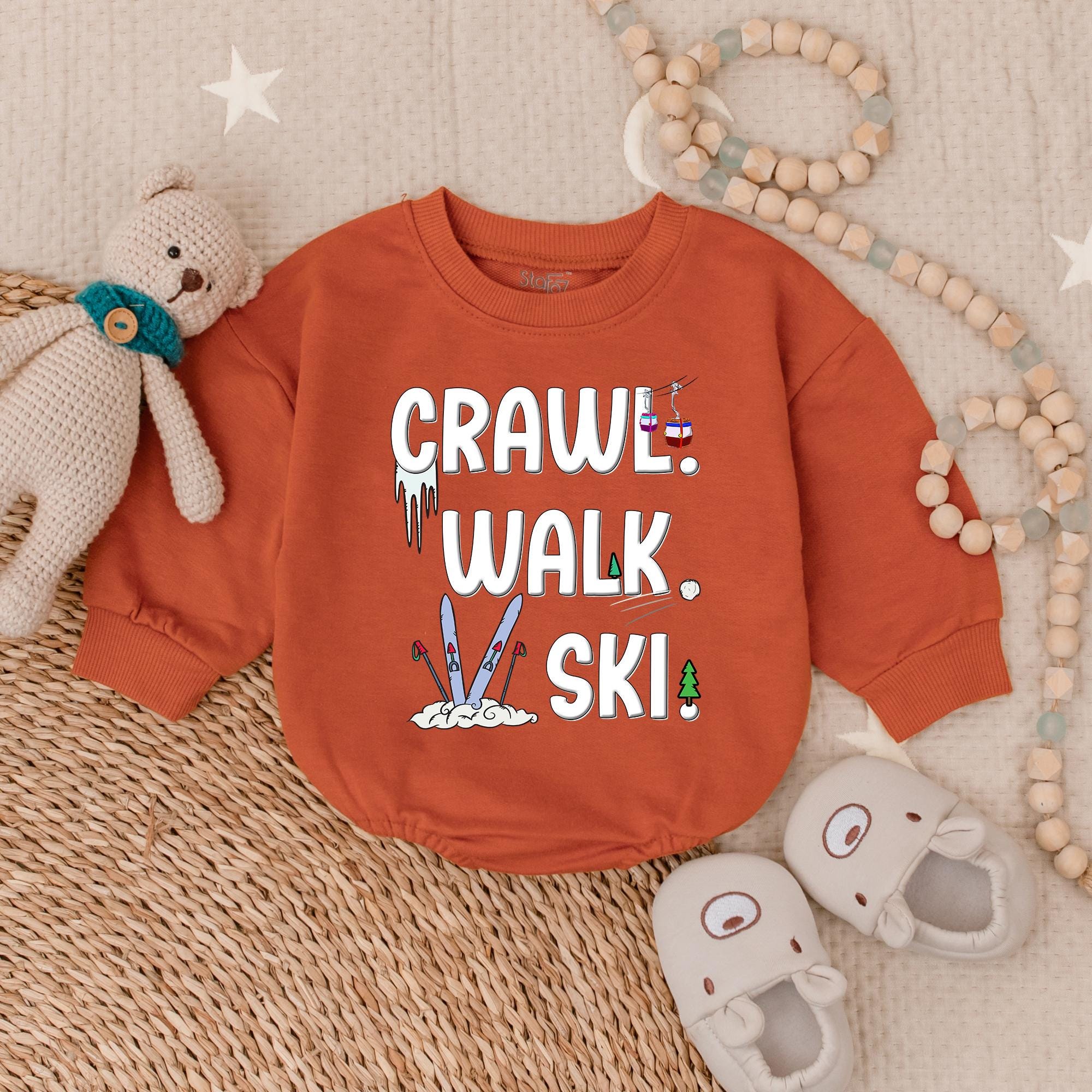 Crawl Walk Ski Baby Romper Sweatshirt, Skiing Lover Baby Bodysuit, Ski ...